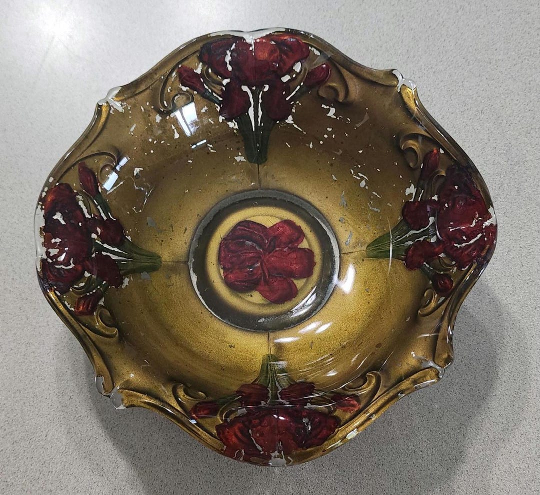 Antique Goofus Glass Art Nouveau IRIS Fluted Crimped Medium Bowl Red ...
