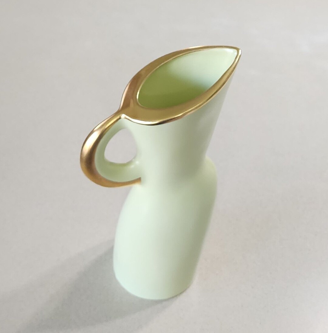 Mid Century Tall Vase Pitcher Soft Chartreuse Green With Gold Trim. No ...