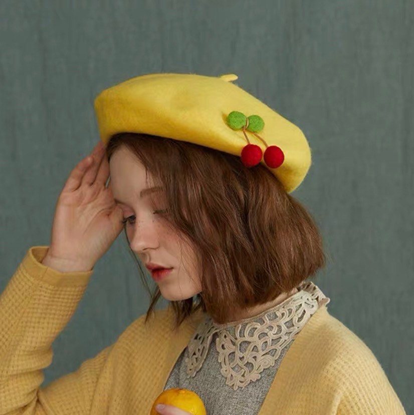 Cherry Beret Matching Earrings Beret Hat French Beret Wool | Etsy