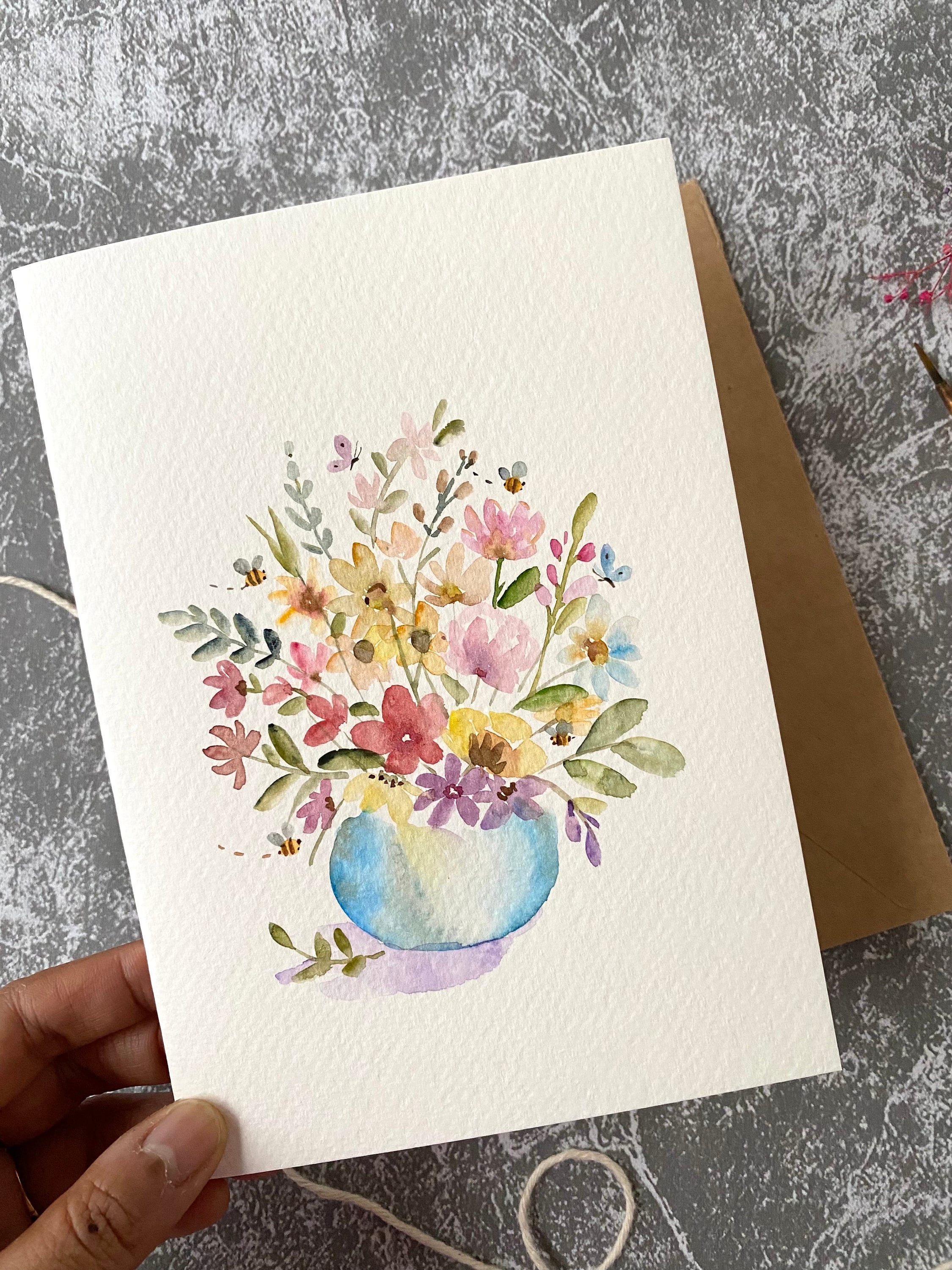 Flower Bouquet Card Watercolor Greeting Card Original - Etsy