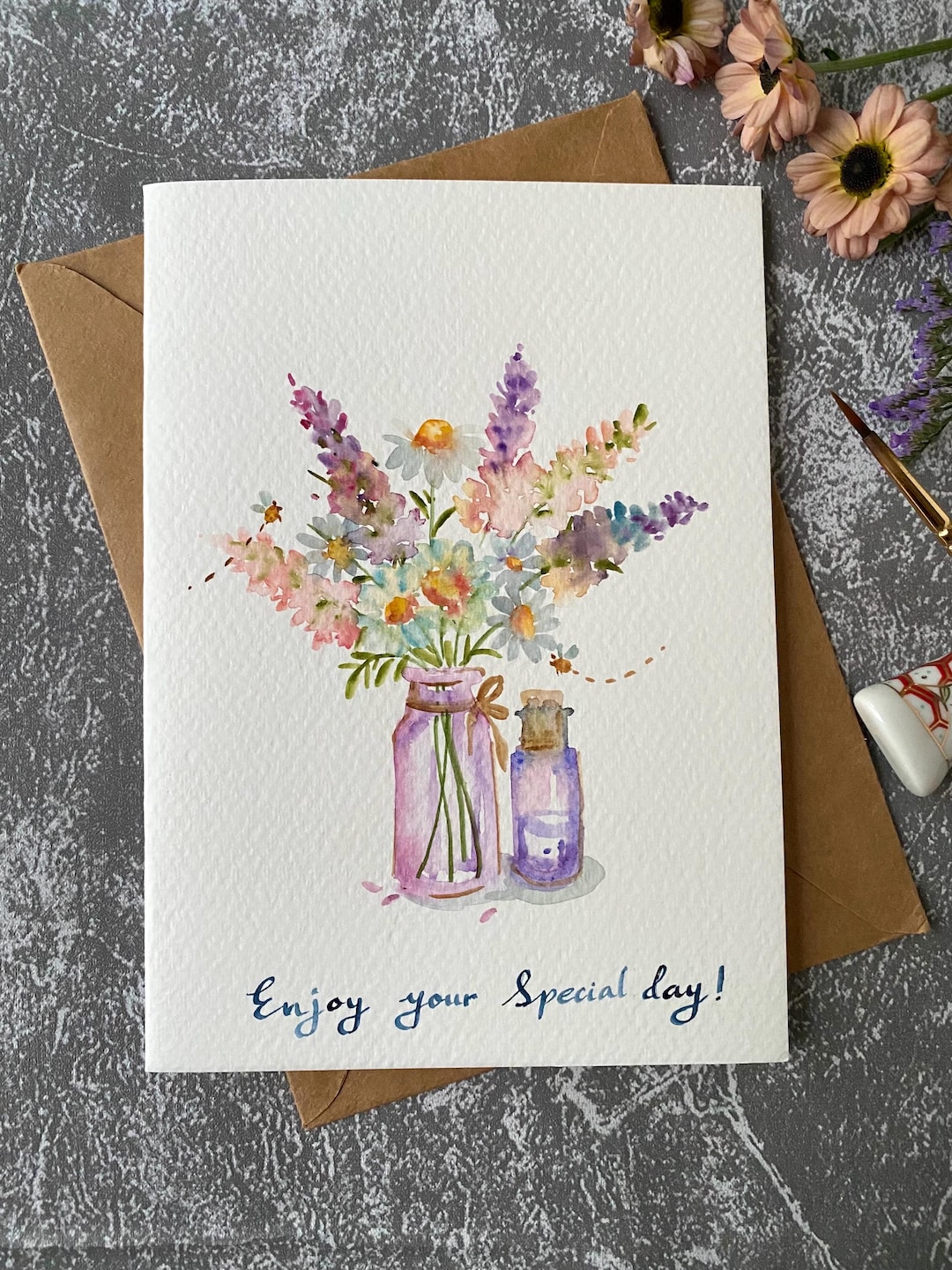 Handmade Watercolor Flower Birthday Card, Original Painting, Blank ...