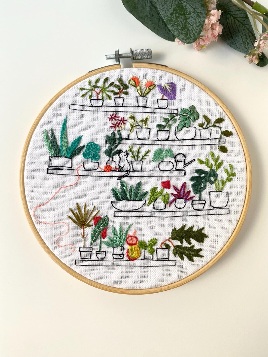 Houseplants and Cat - 15cm, Hand Embroidery, Wall Decor, Botanical Art ...