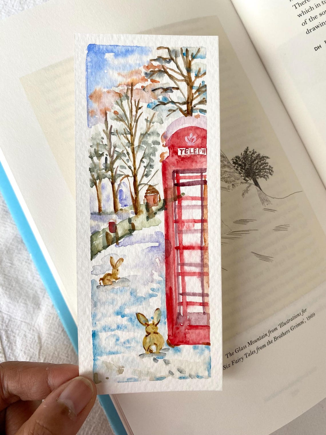 Winter and Telephone Booth Bookmarks, Original Watercolor Painting, Set ...