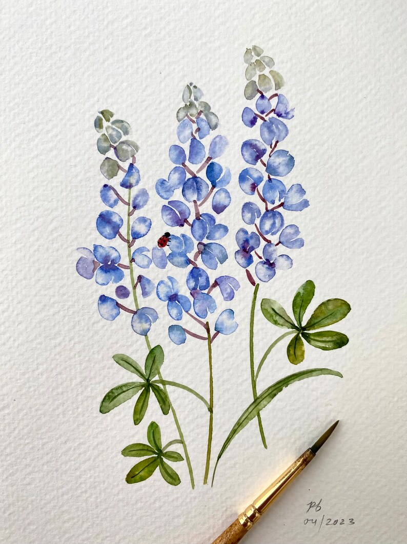 Bluebonnet Floral, Original Hand Painted, Wall Decor, Watercolour Art ...