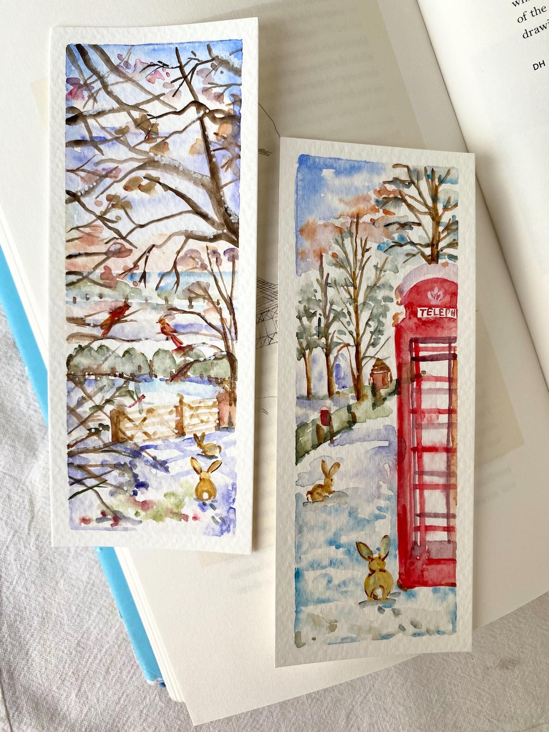 Winter and Telephone Booth Bookmarks, Original Watercolor Painting, Set ...
