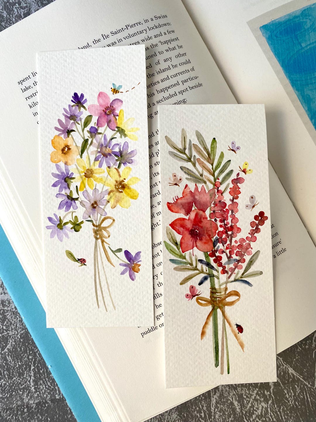 Botanical Bouquet Bookmarks, Original Watercolor Painting, Set of 2 ...