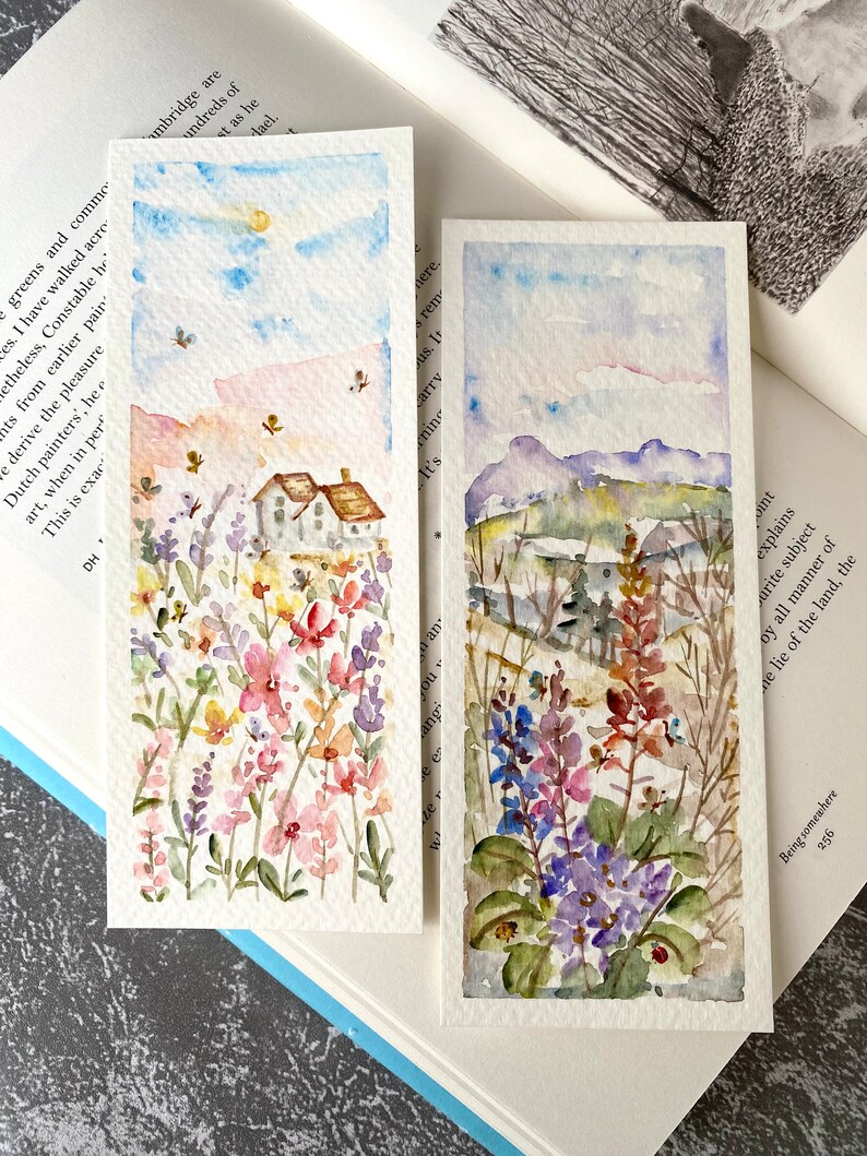 Floral Landscape Bookmarks, Original Watercolor Painting, Set of 2 ...