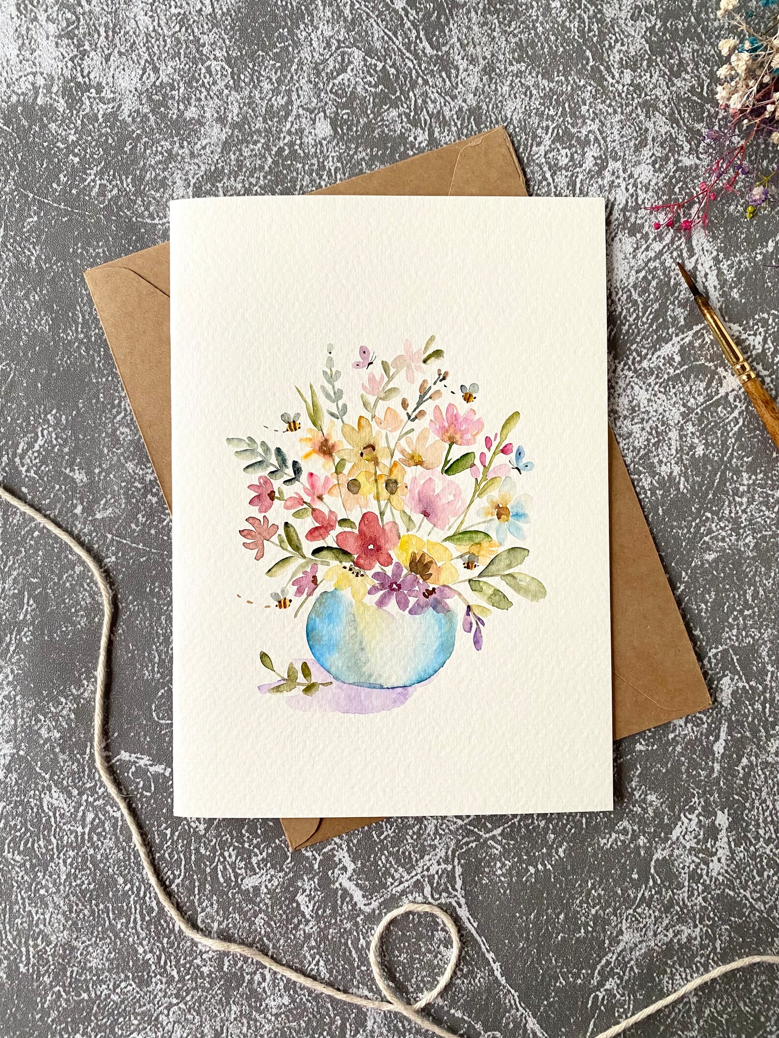 Flower Bouquet Card Watercolor Greeting Card Original - Etsy