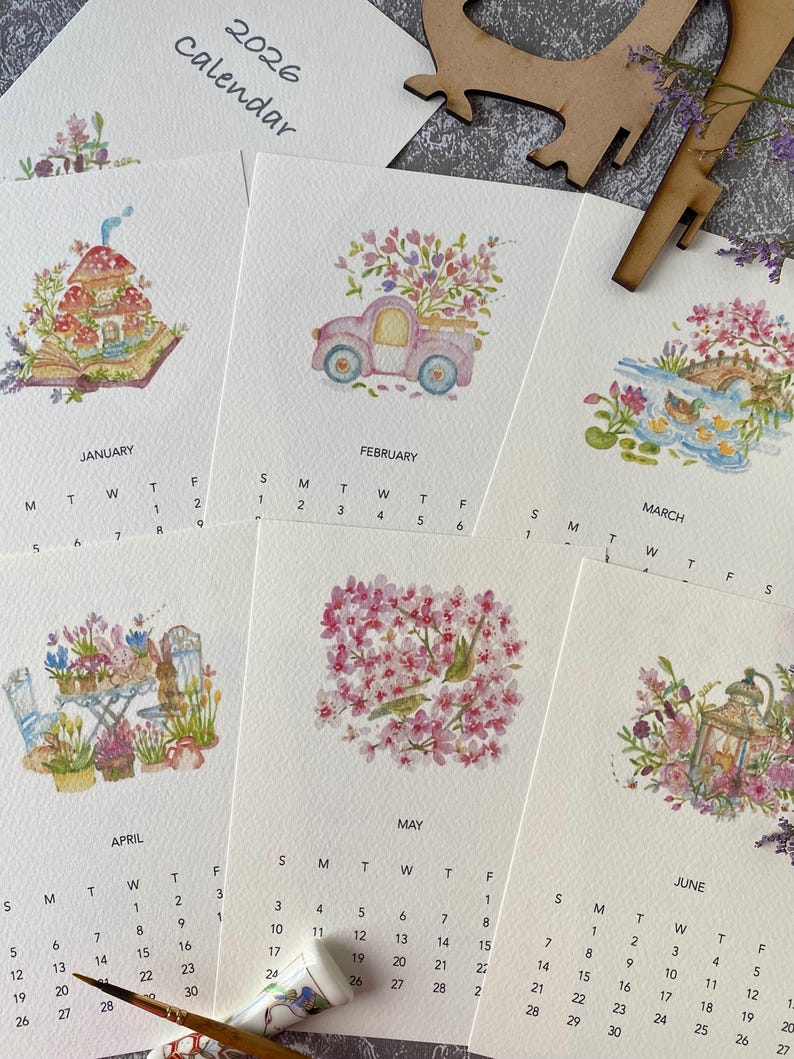 2026 Desk Calendar, Whimsical Floral Print, PRINTED Watercolor Painting ...