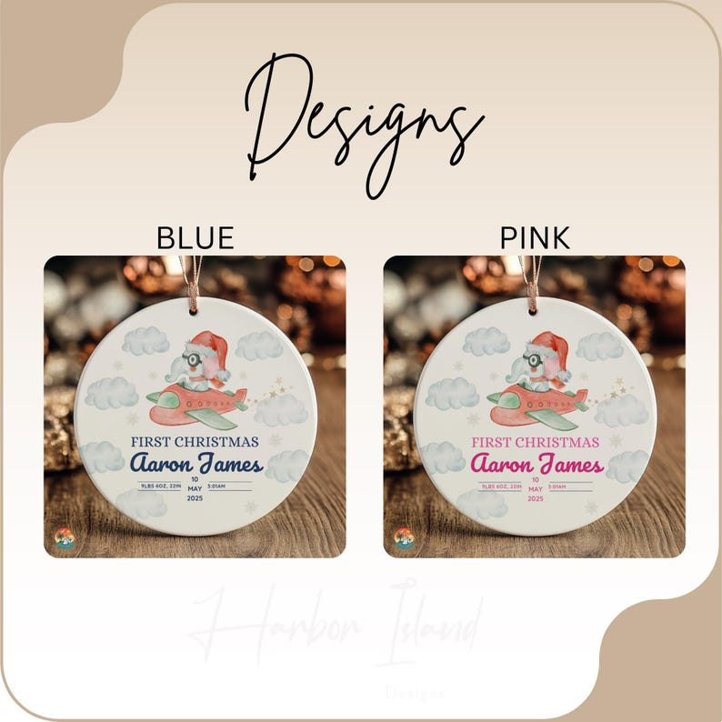 Pink Girl Birth Stats Elephant Airplane Ornament Newborn Baby Keepsake ...