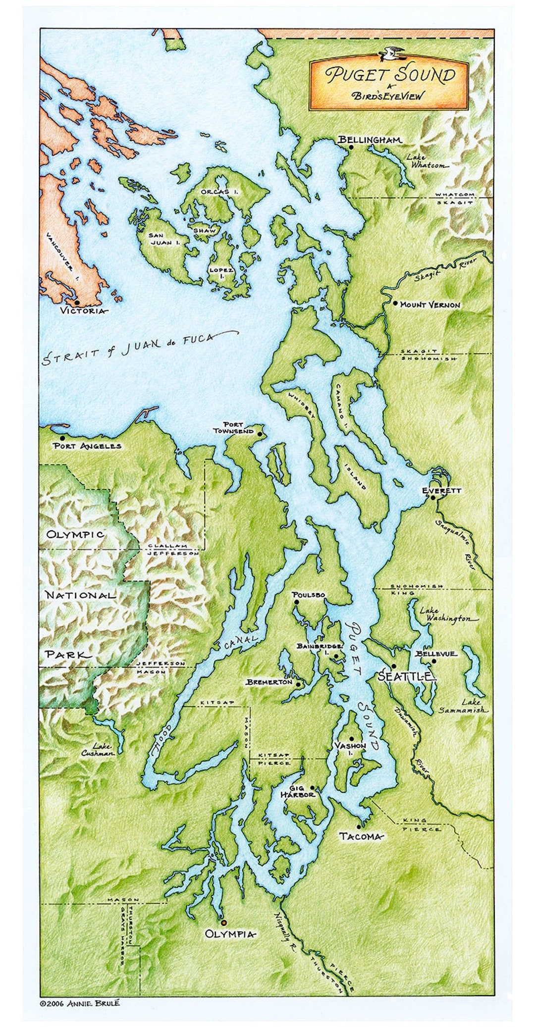 Puget Sound Hand Drawn Map - Full Color, Southern Salish Sea, Olympia ...