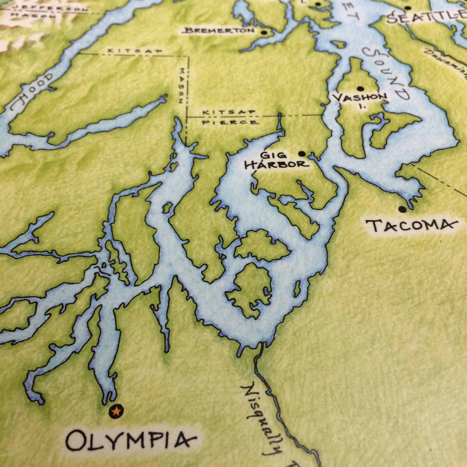 Puget Sound Hand Drawn Map - Full Color, Southern Salish Sea, Olympia ...