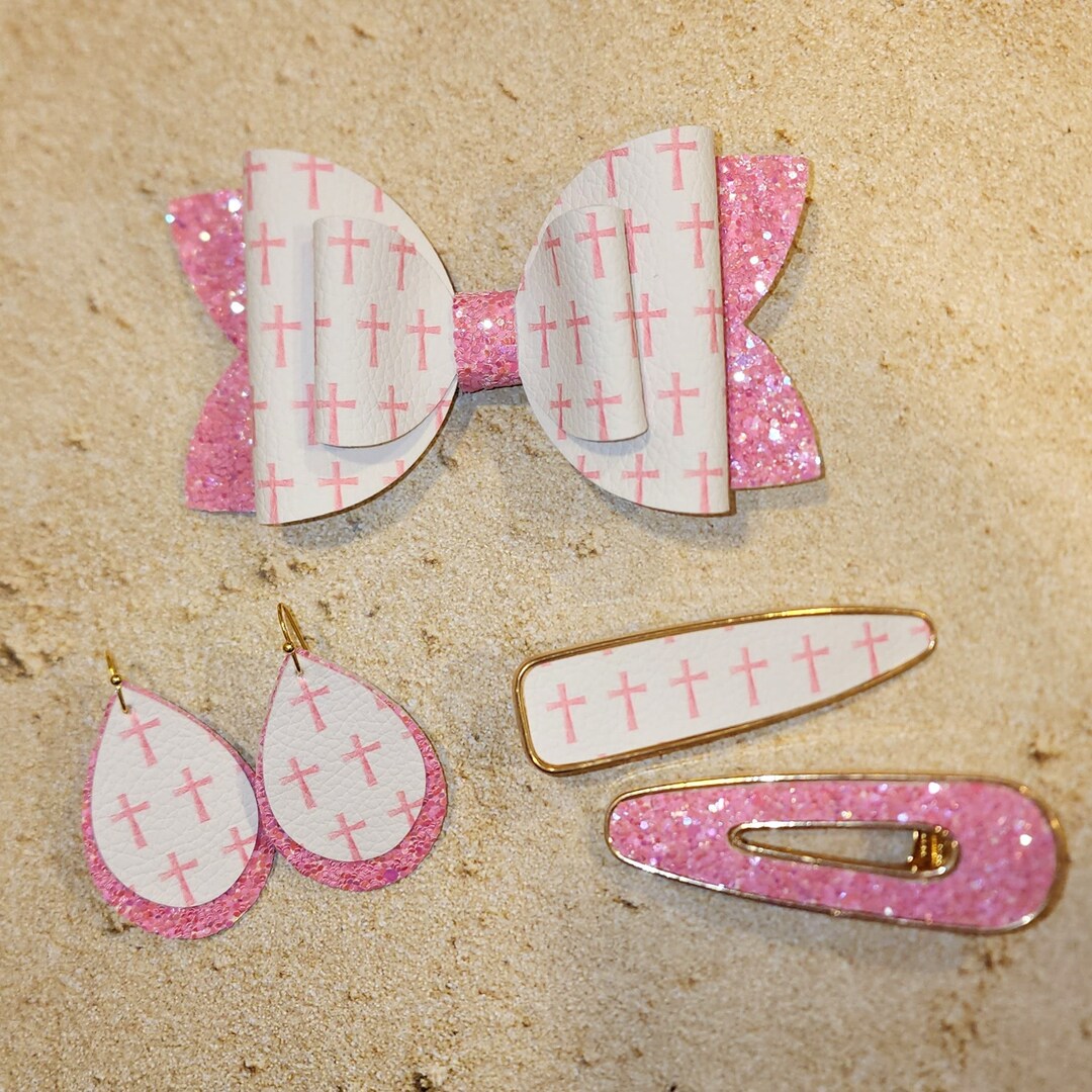 Easter Cross Hair Bow, Pink Glitter Bow, Cross Earrings, Religious ...