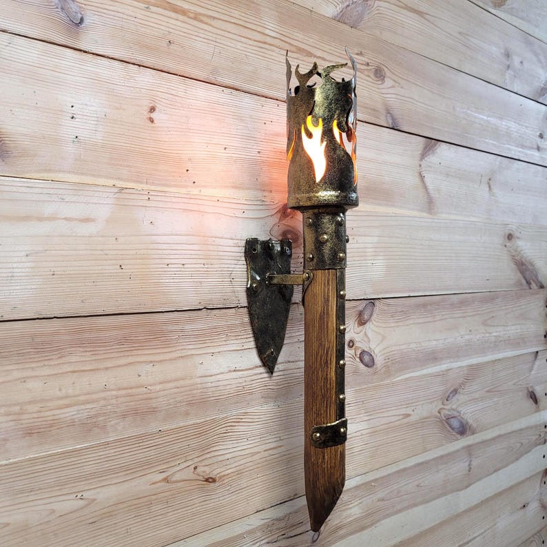 Medieval Wall Torch Sconce: Rustic Iron & Wood Flame Lantern - Etsy