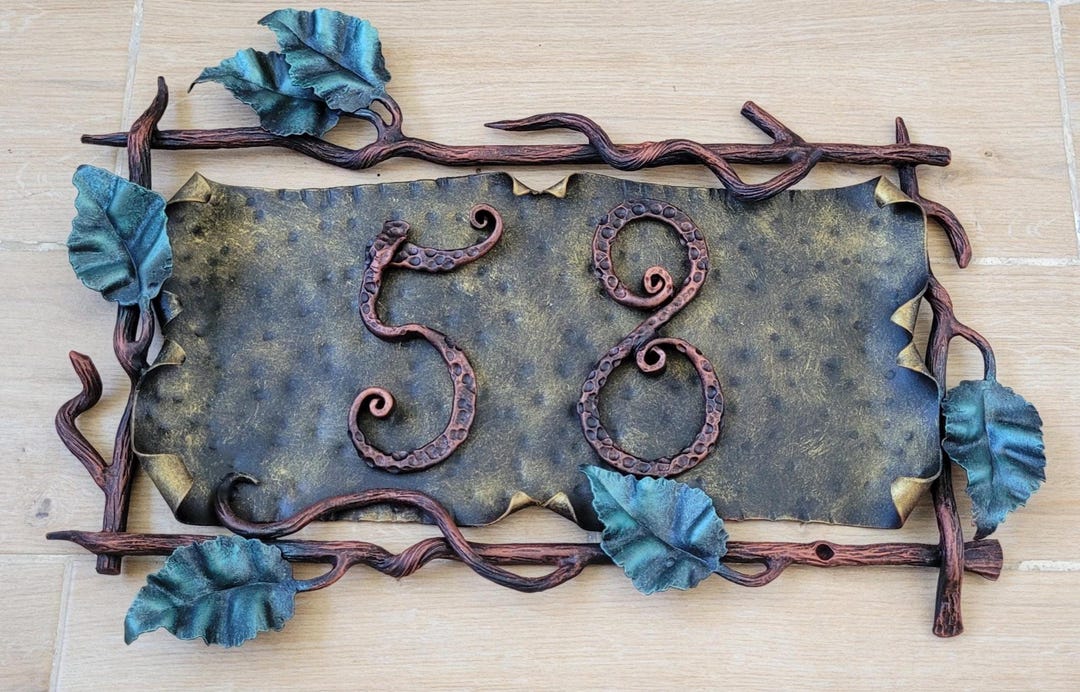 Wrought Iron House Number Sign – Hand Forged Address Plaque With Vines ...