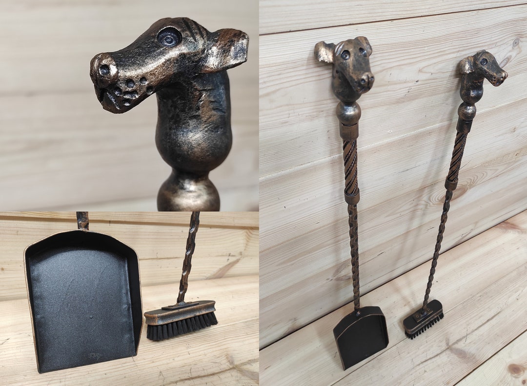 Forged Fireplace Tool Set: Handmade Dog Head Broom & Shovel - Etsy