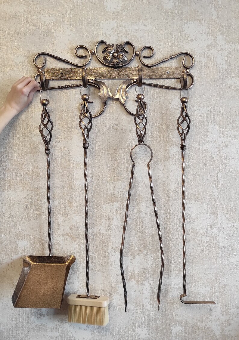 A Set of Forged Fireplace Tools 4 Pieces and Wall Stand - Etsy