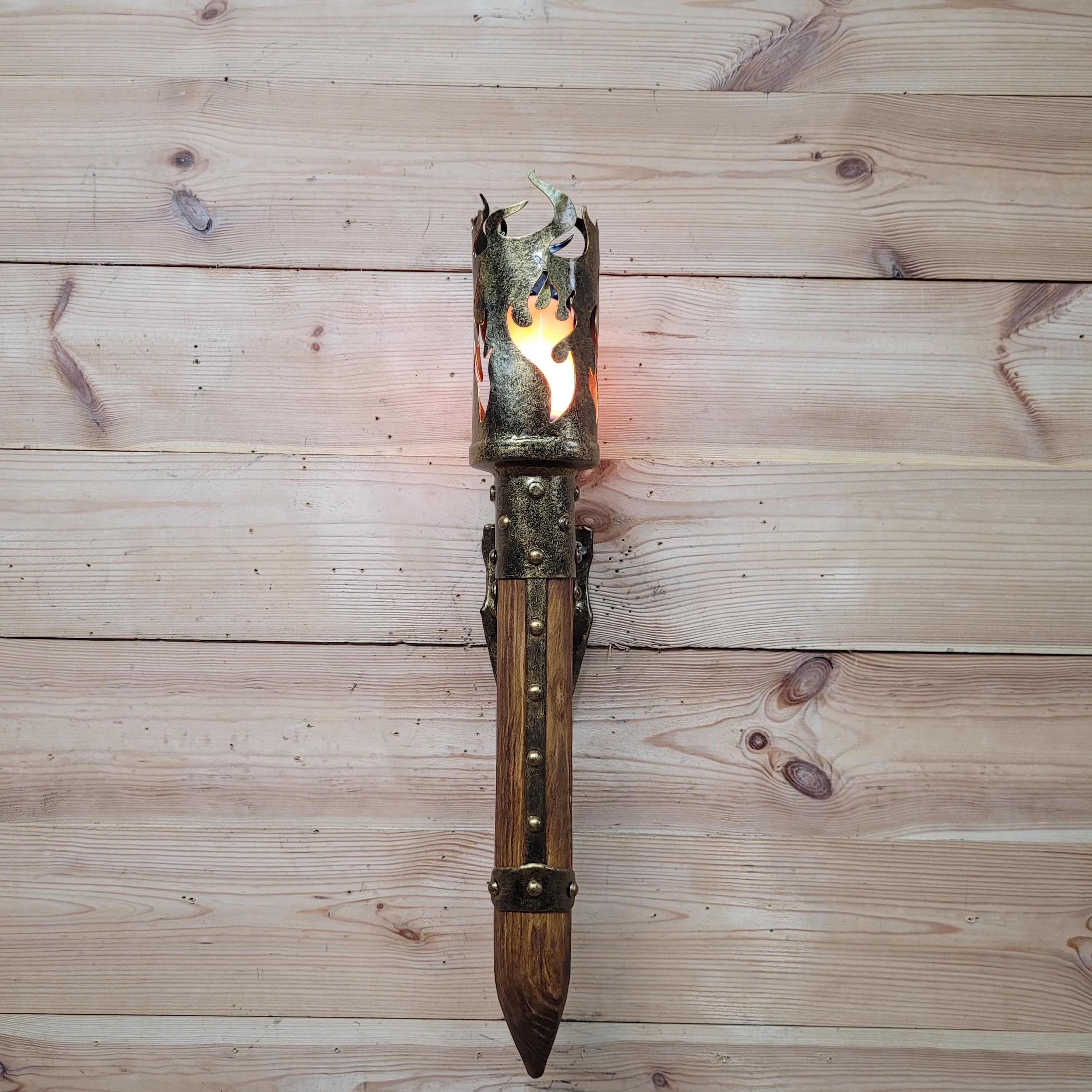 Medieval Wall Torch Sconce: Rustic Iron & Wood Flame Lantern - Etsy