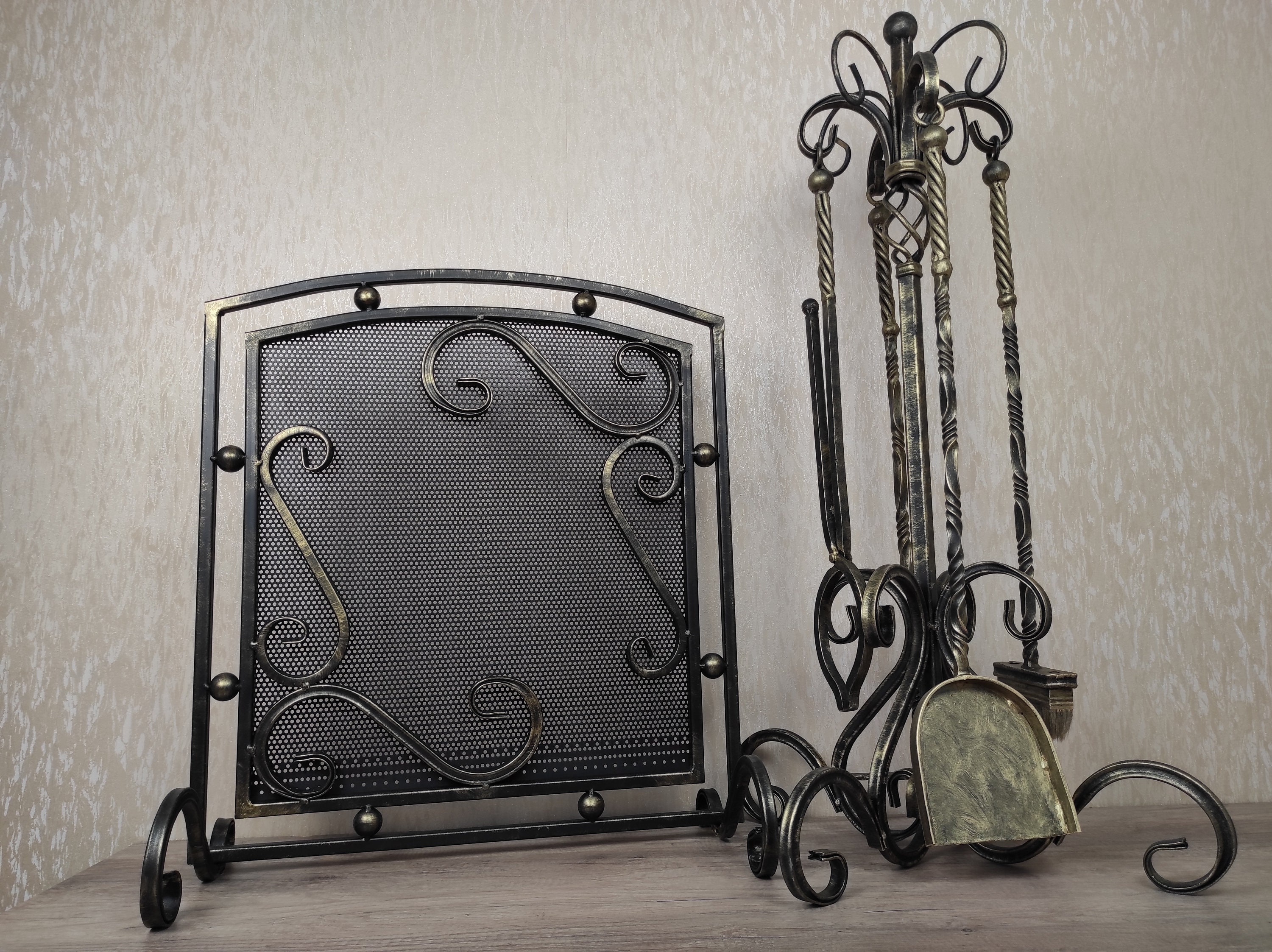 Hand Forged Fireplace Tool Set With Screen: Iron Fireplace Accessories ...