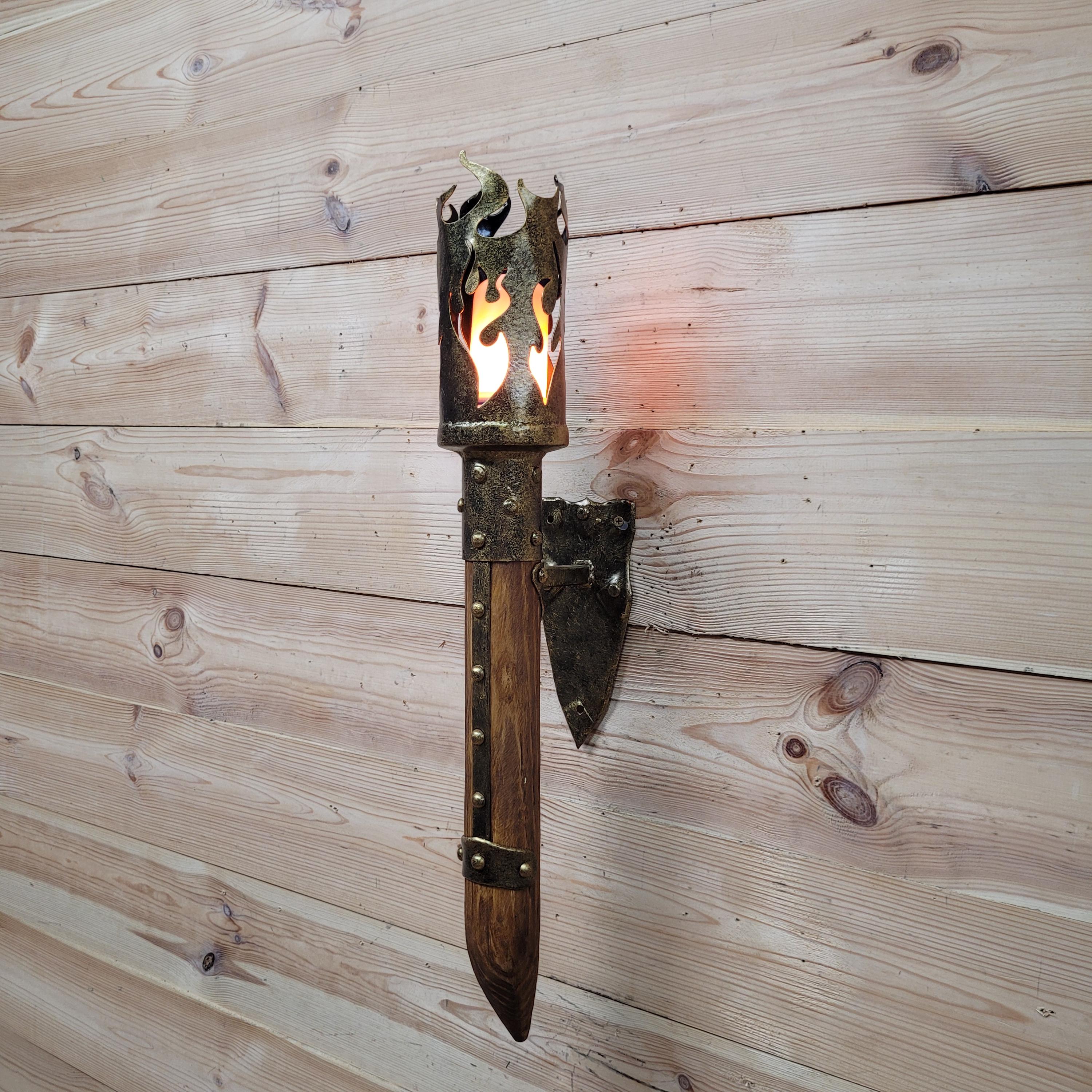 Medieval Wall Torch Sconce: Rustic Iron & Wood Flame Lantern - Etsy