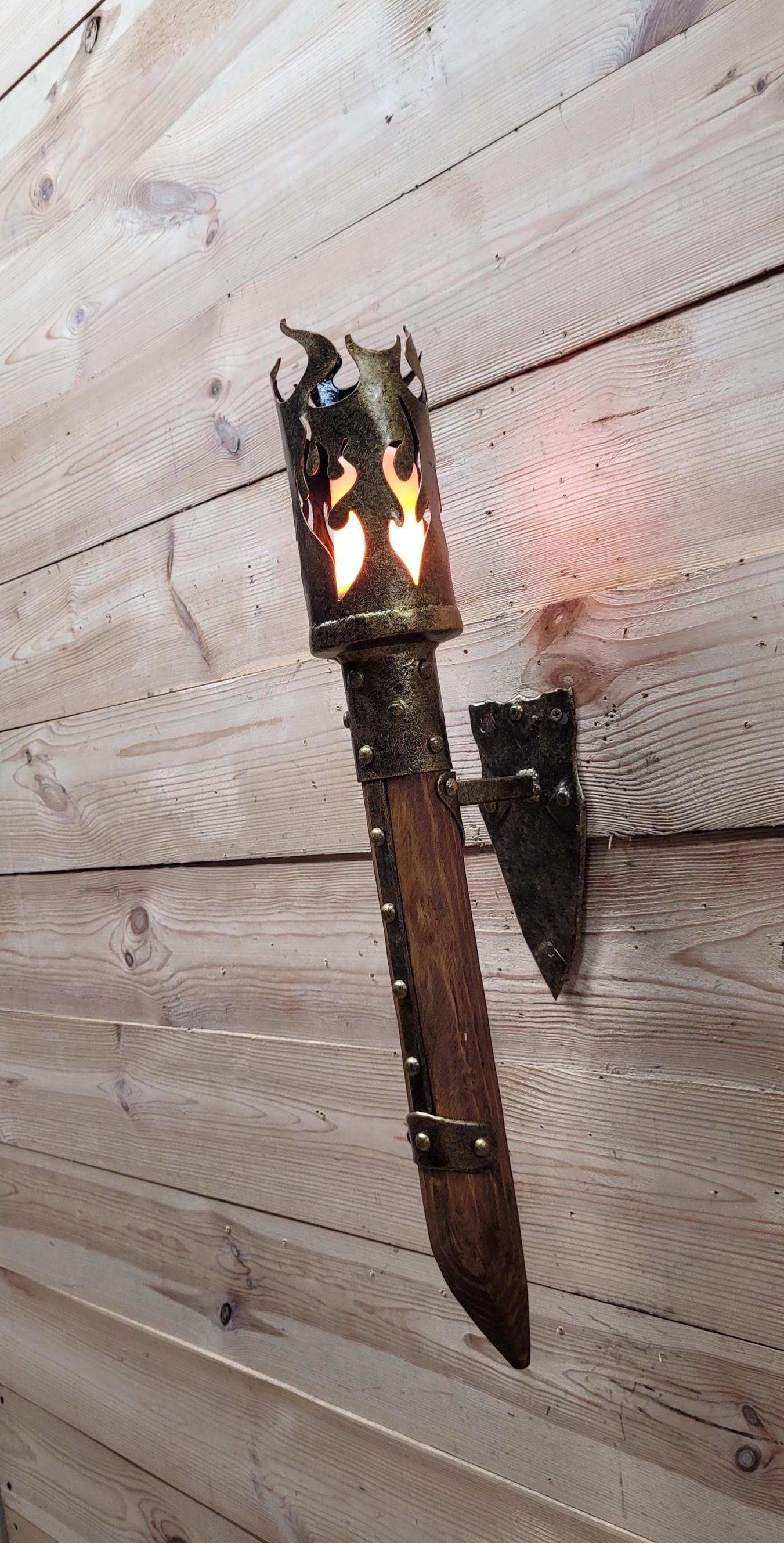 Medieval Wall Torch Sconce: Rustic Iron & Wood Flame Lantern - Etsy