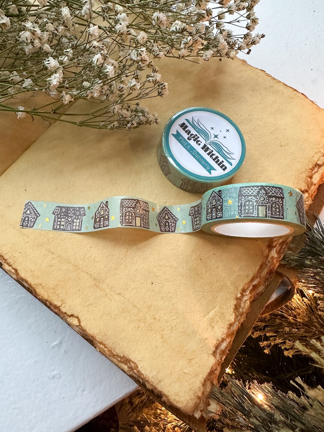 Gingerbread Village Washi Tape | 15mm Gold Foiled Christmas Holiday ...