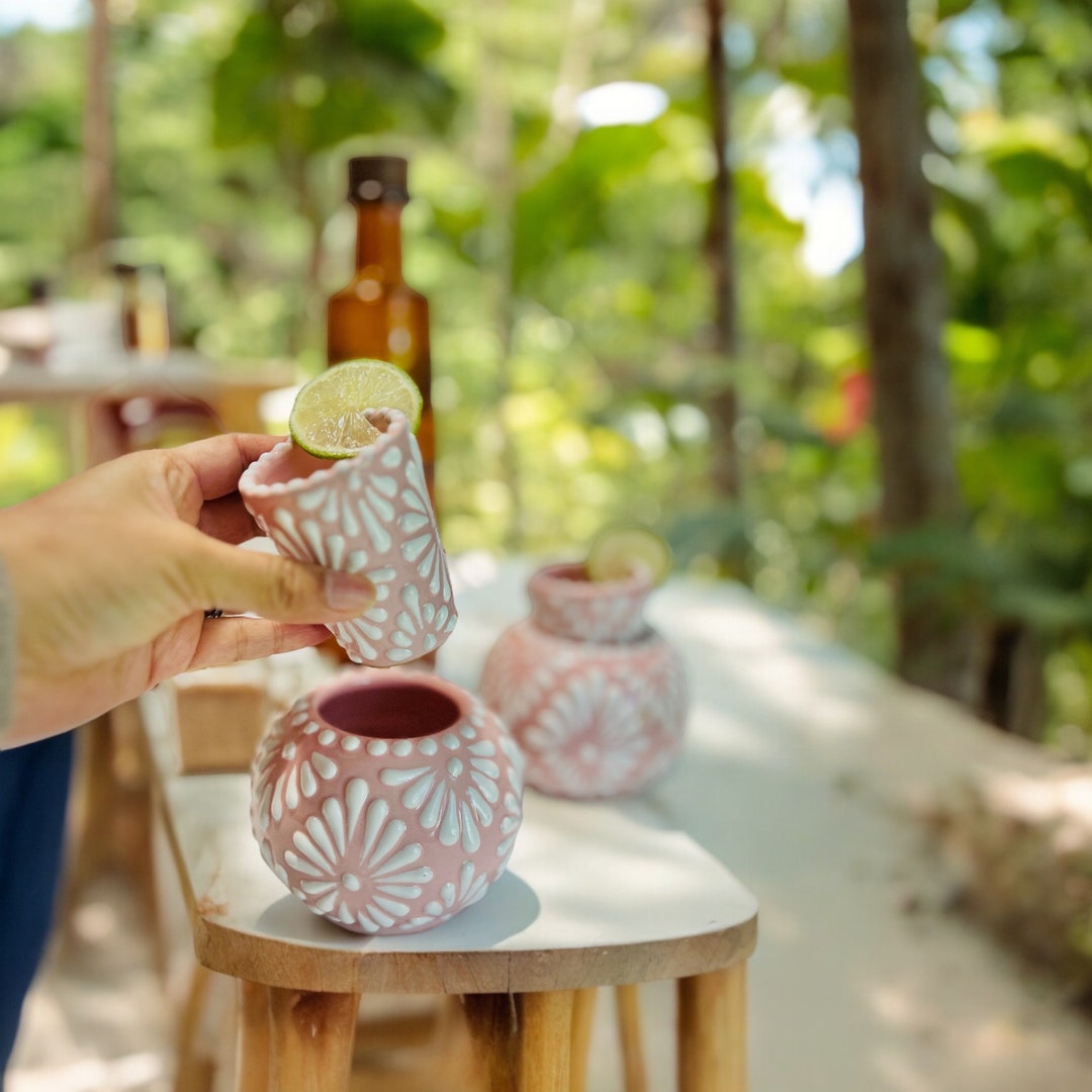 Pink White Hand Blown Tequila Shot Glass With Cooler Talavera Pottery ...