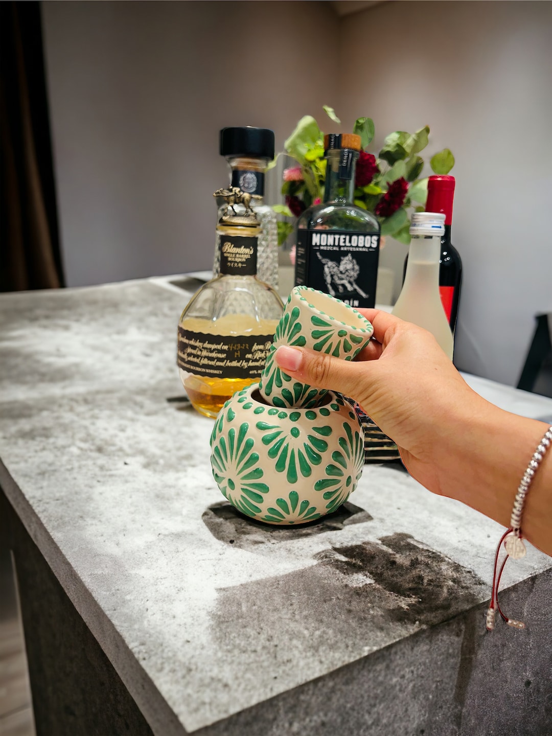 Hand Blown Tequila Shot Glass With Talavera Cooler – Mexican Barware ...