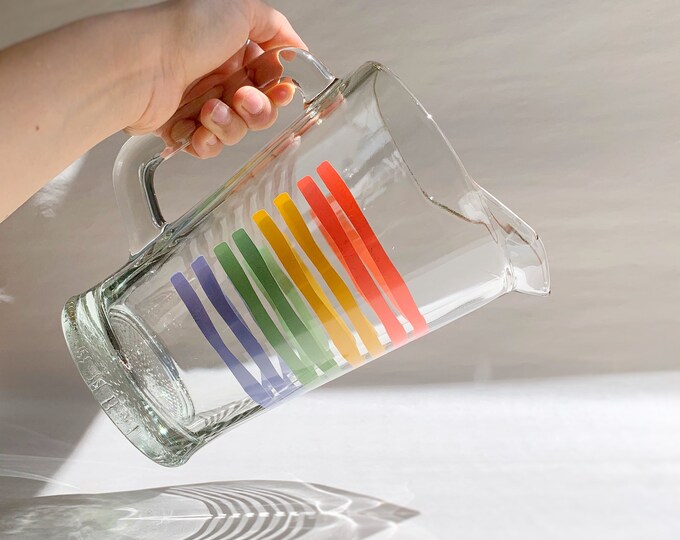 Vintage Glass Pitcher, Made in USA, With Rainbow Stripe Design Large ...