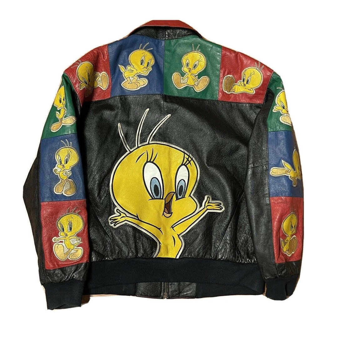 Vtg Looney Tunes Tweety Leather Varsity Bomber Jacket Xl Black Classic ...