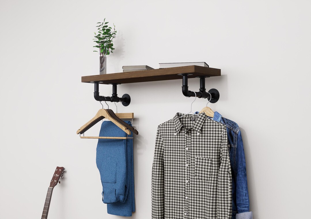 Industrial Wall-mounted Shelf With Hanging Rail - Wooden Shelf and ...