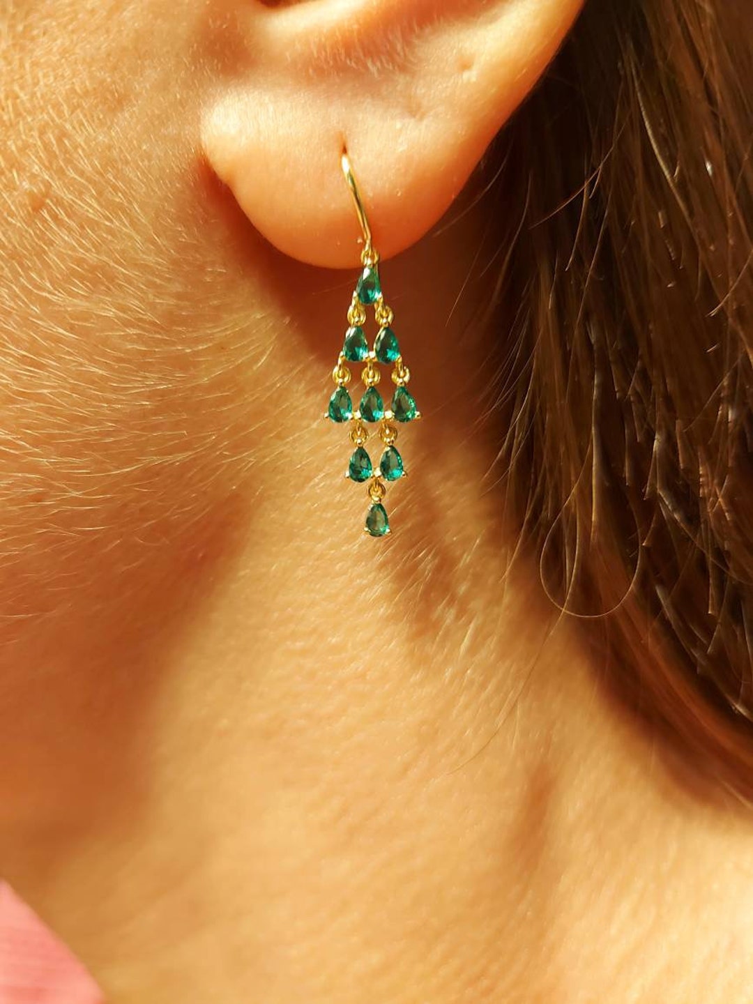 18k Emerald Green Drop Earrings Gold Plated Earrings - Etsy