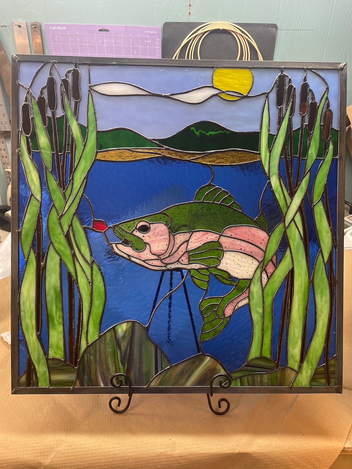 Trout With Cattails, Handmade Stained Glass. 24” Sq - Etsy