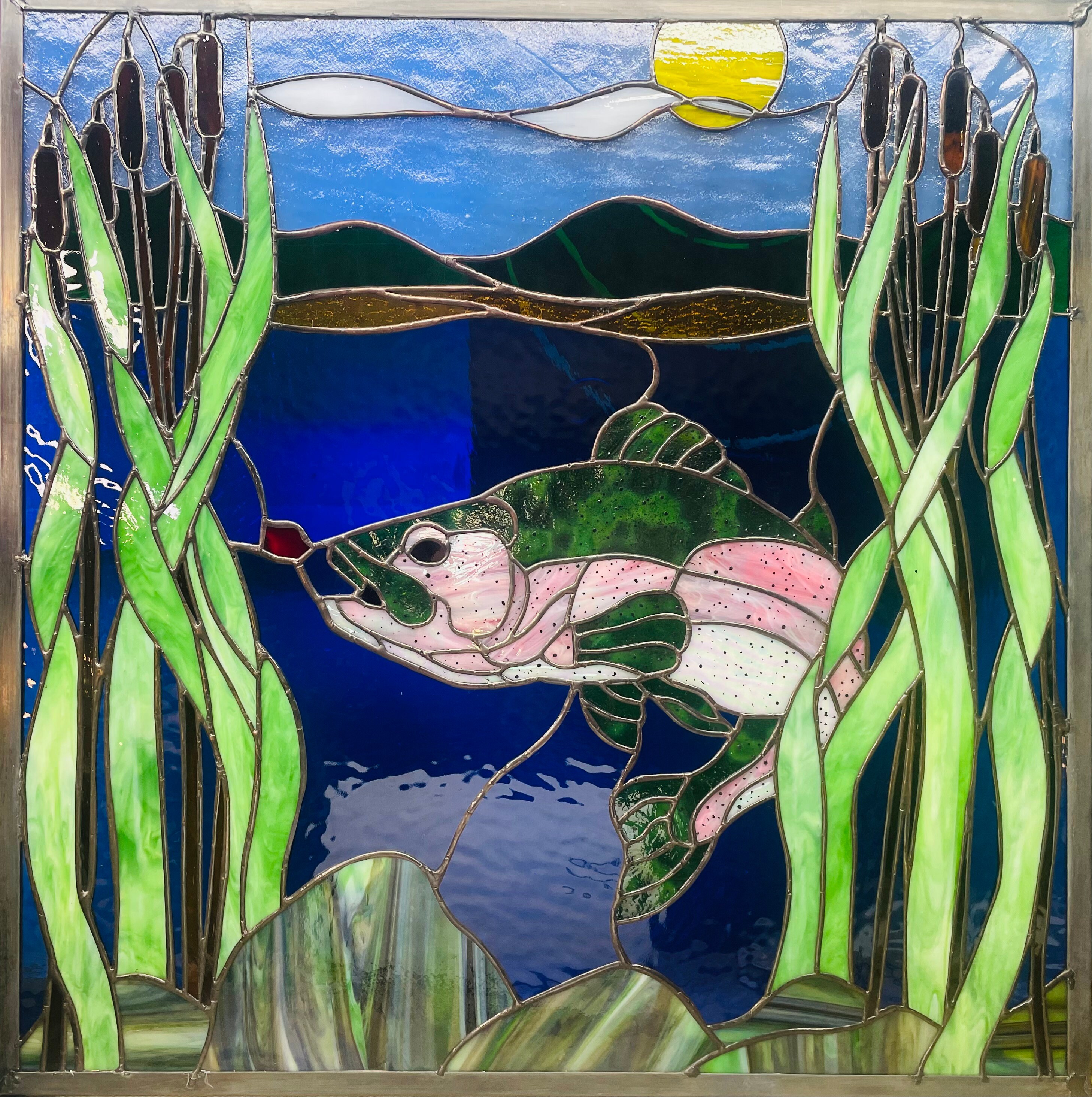 Trout With Cattails, Handmade Stained Glass. 24” Sq - Etsy