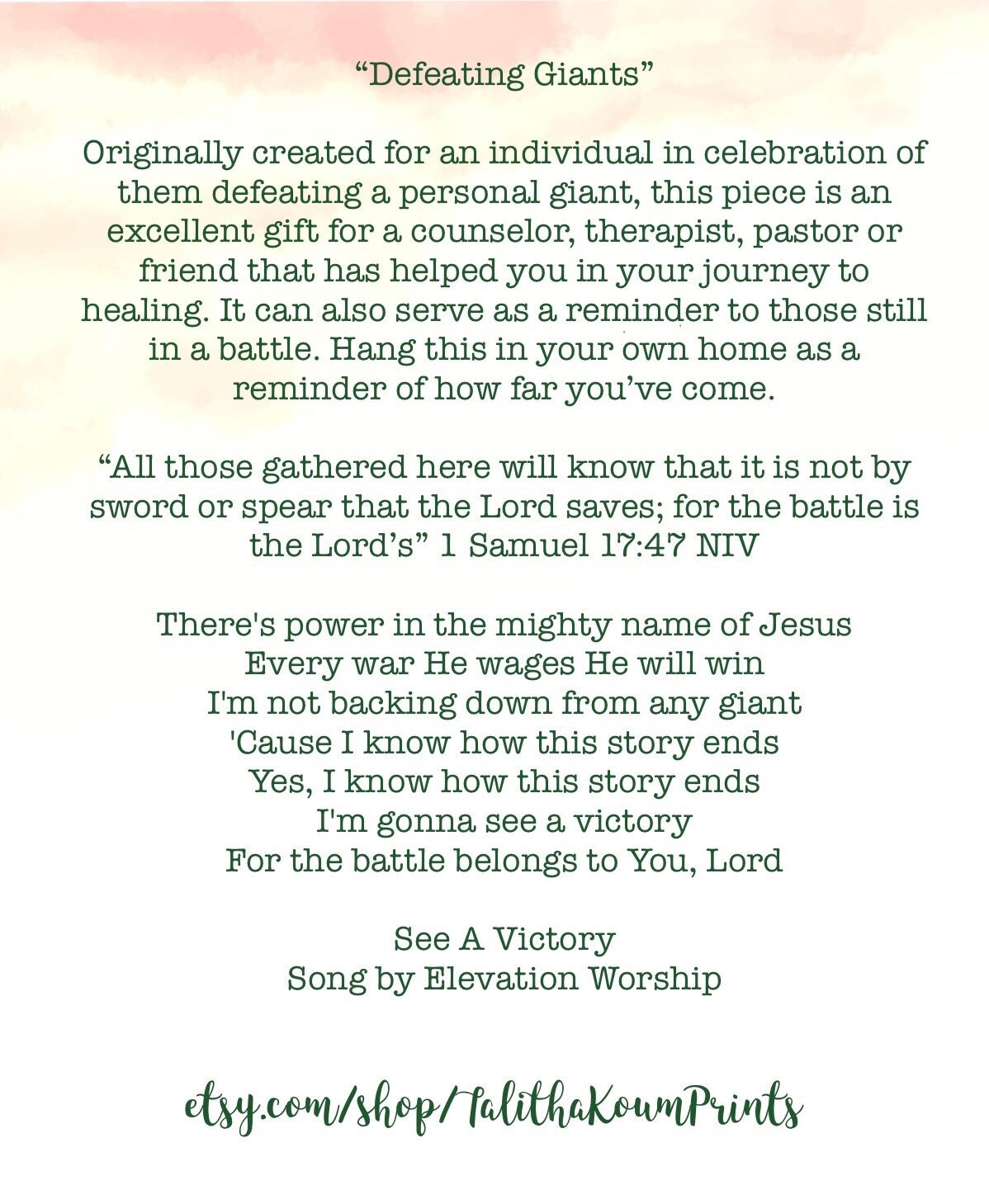 Defeating Giants | Printable | Watercolor | Bible Wall Art | Counselor ...