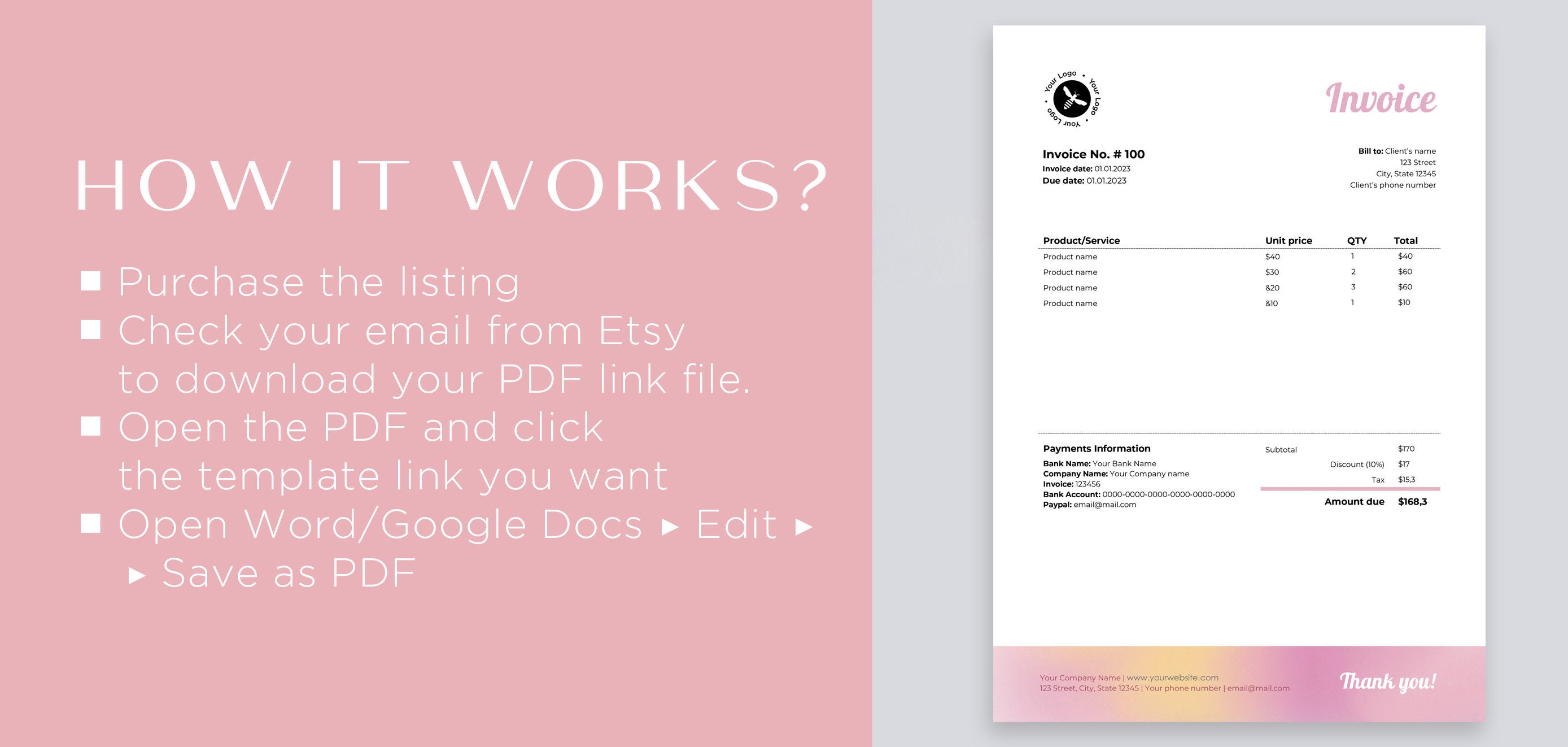 Plantilla de factura Factura comercial Factura editable e - Etsy España