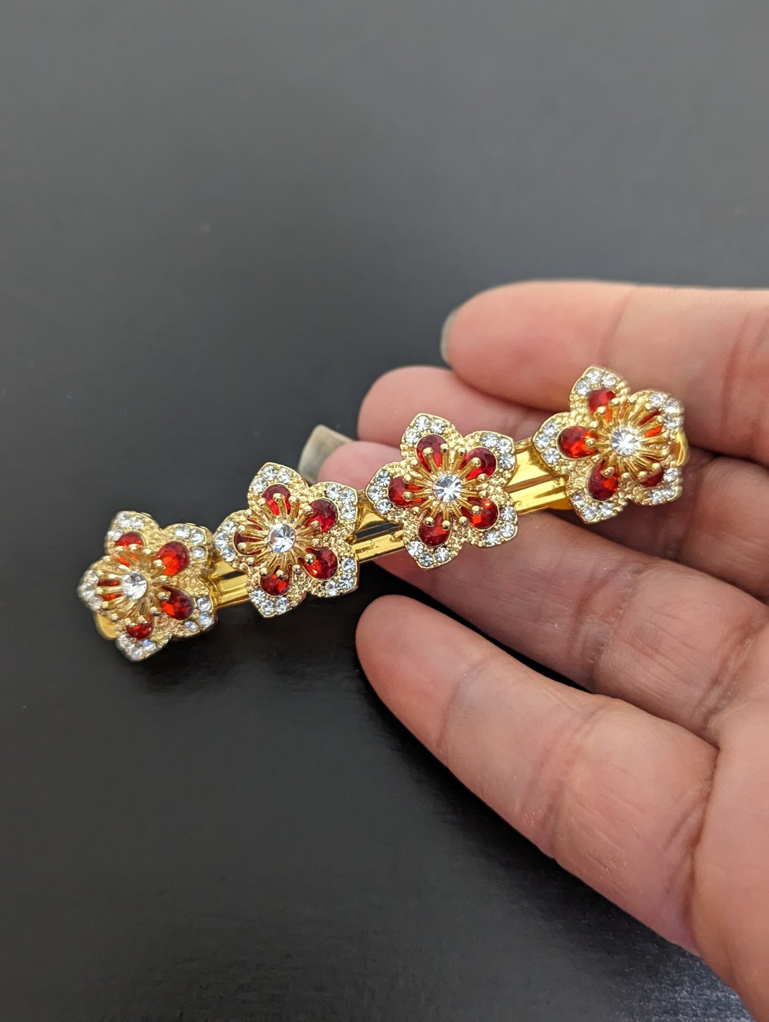 Red Flower Hair Barrette, Red Rhinestone Barrette, Crystal Rhinestone ...