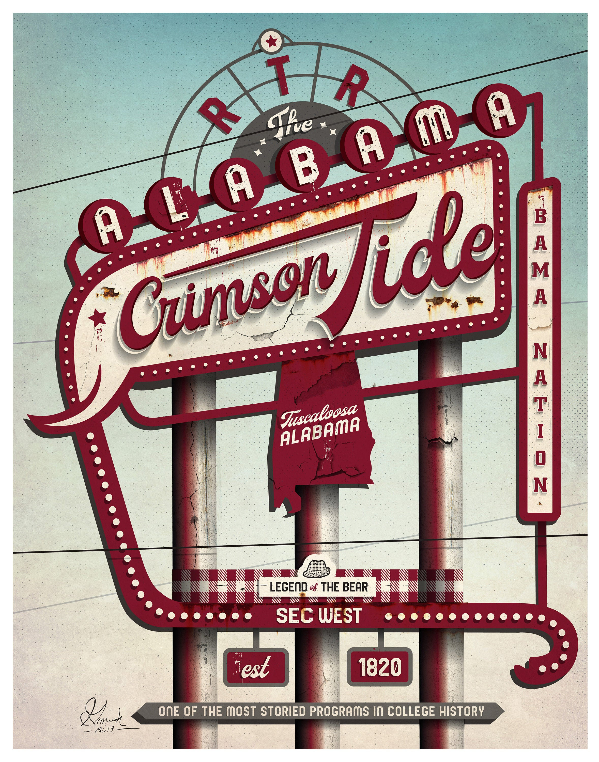 Alabama Crimson Tide vintage Print Design SEC - Etsy France