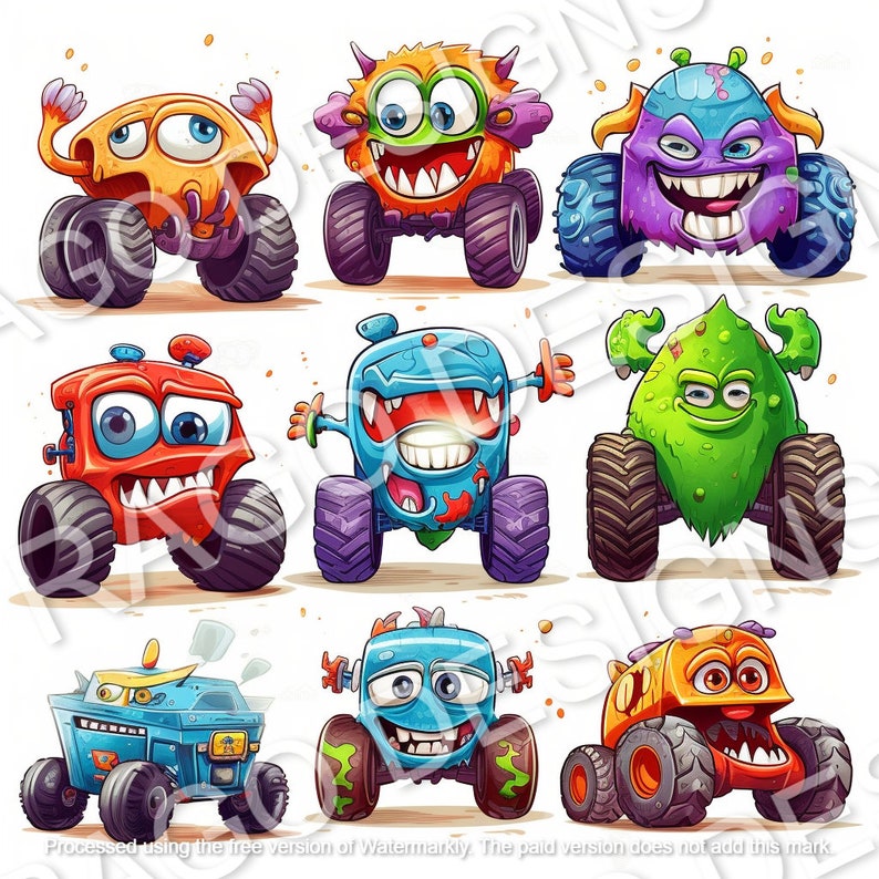 Transparent Background, Cute Monster Truck Clipart Bundle, 4 Pages ...
