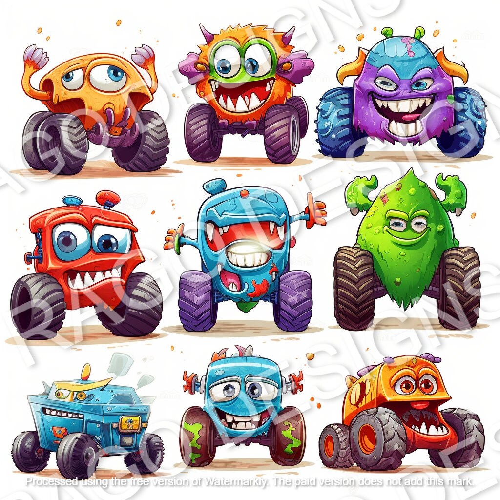 Transparent Background, Cute Monster Truck Clipart Bundle, 4 Pages ...