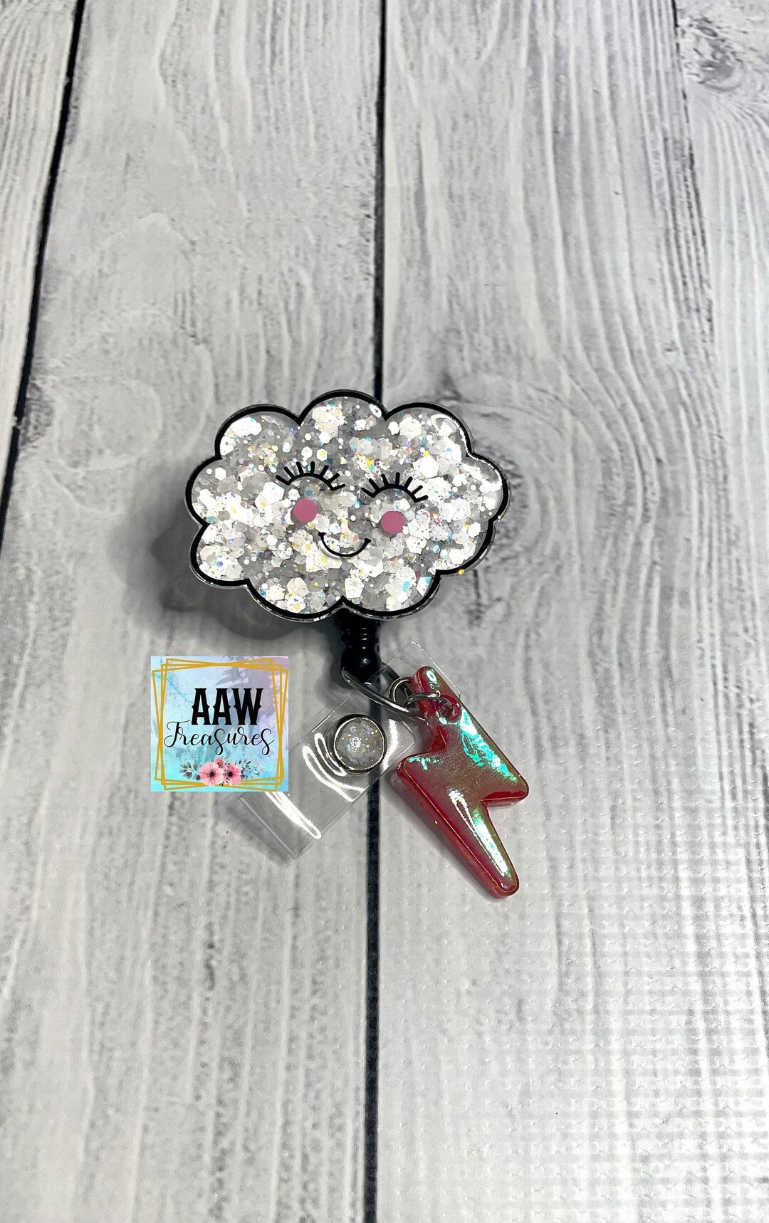 White Cloud Lightening Badge Reel; Cute Glitter ID Holder; Rainy ...