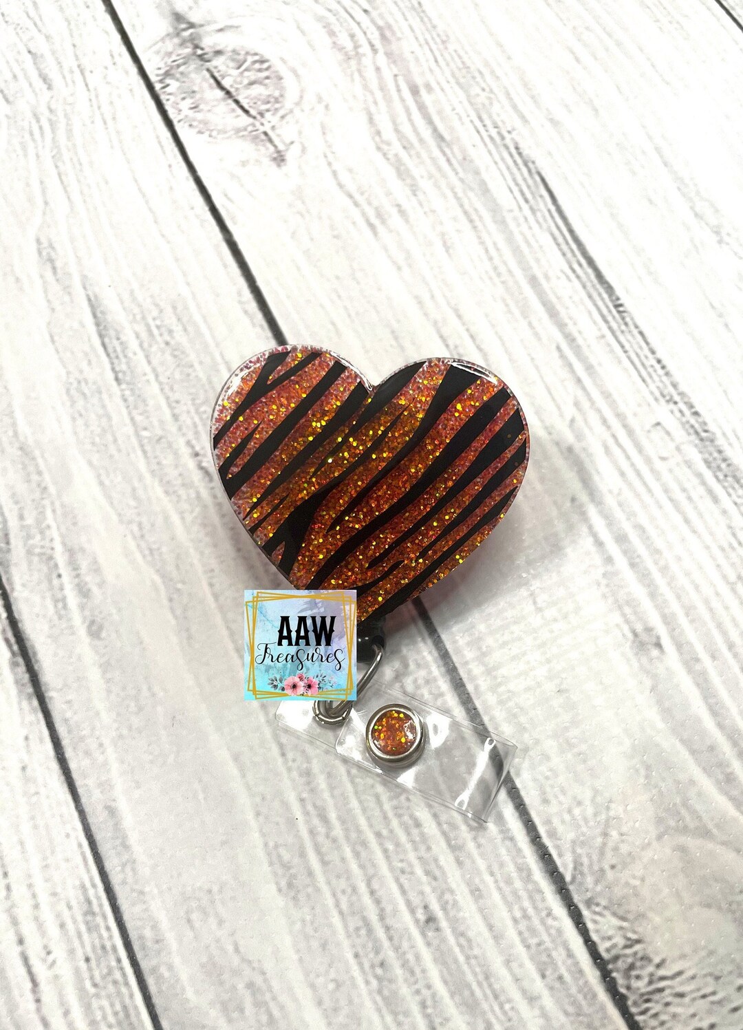 Tiger Print Heart Badge Reel Animal Glitter ID Holder Badge Accessory ...