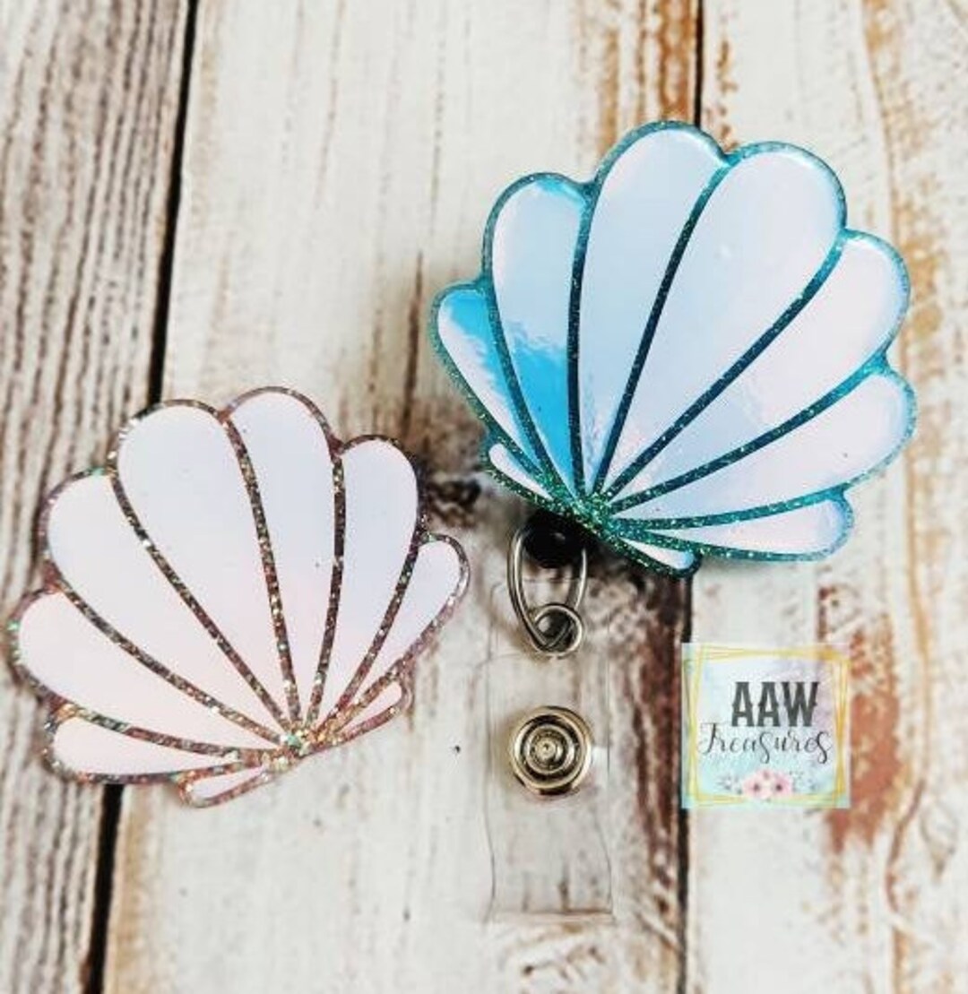 Cute Seashell Badge Reel; Shells Glitter ID Holder; Clam Badge ...