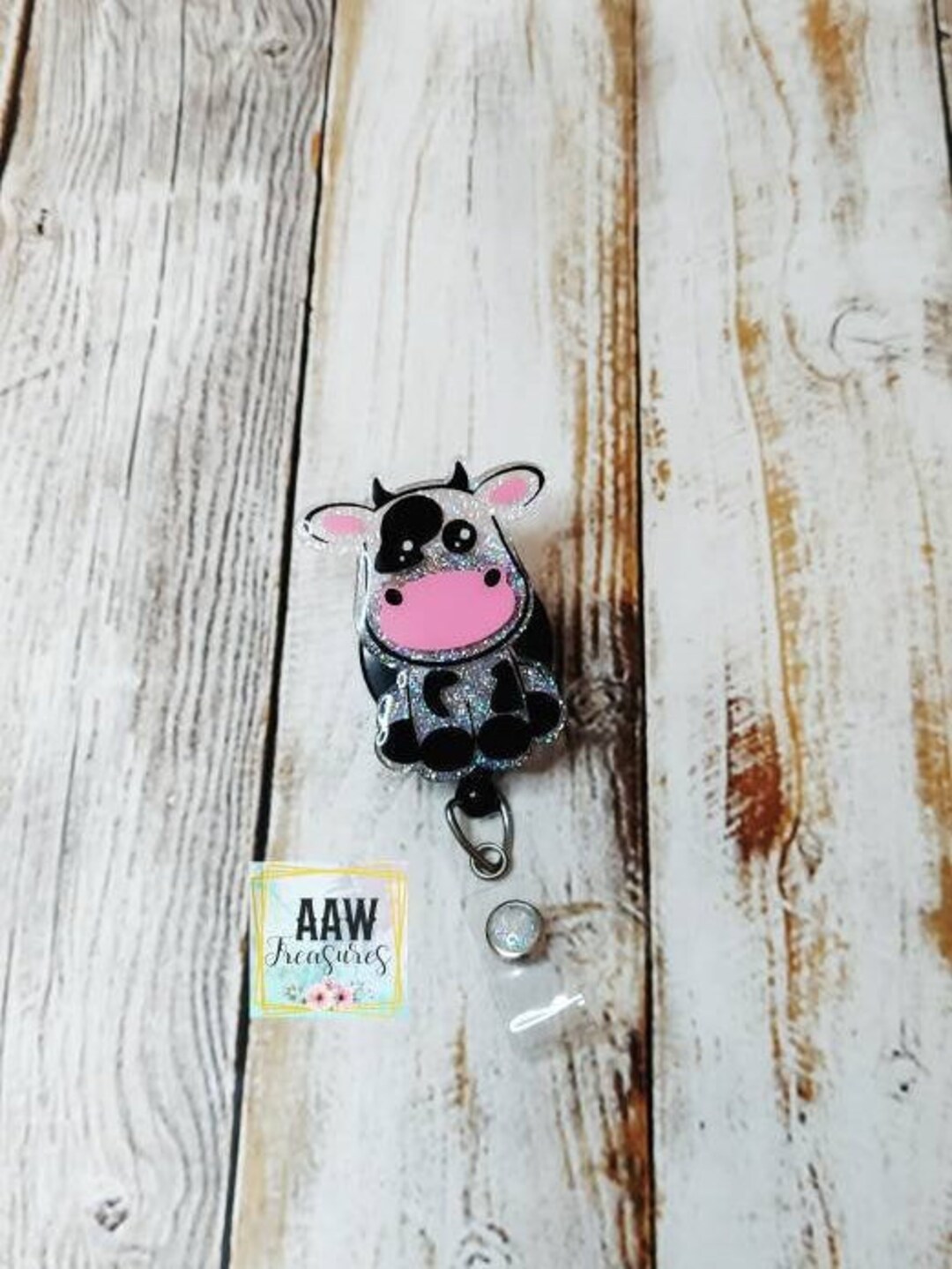 Cute Cow Badge Reel; Animal Glitter ID Holder; Custom Badge Accessory ...