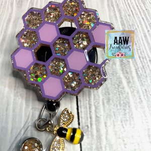 Honeycomb Badge; Honey; Bee Badge Reel; Glitter Honeybee Badge Reel ...