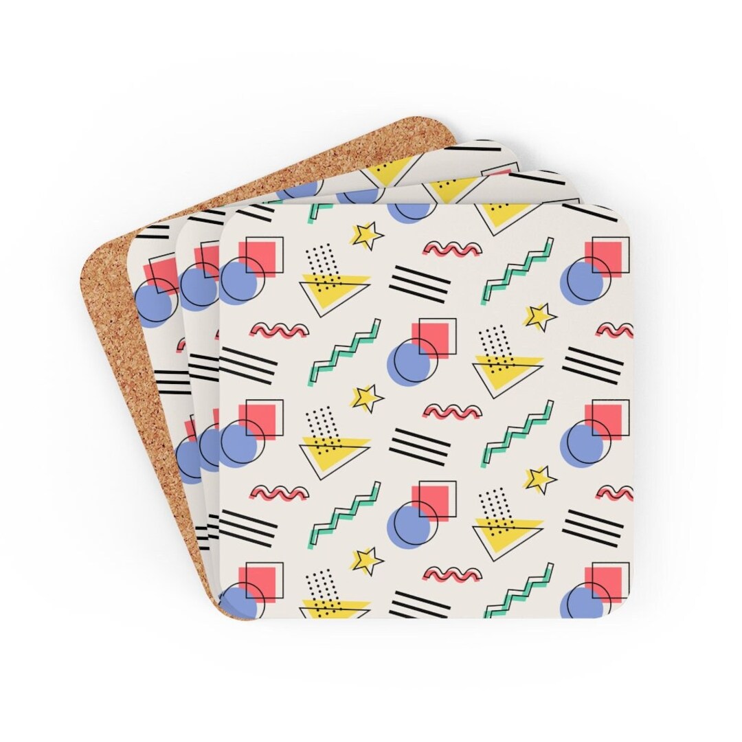Retro 1980s 80s 1990s 90s Memphis Print Style Corkwood 4 Piece Coaster ...