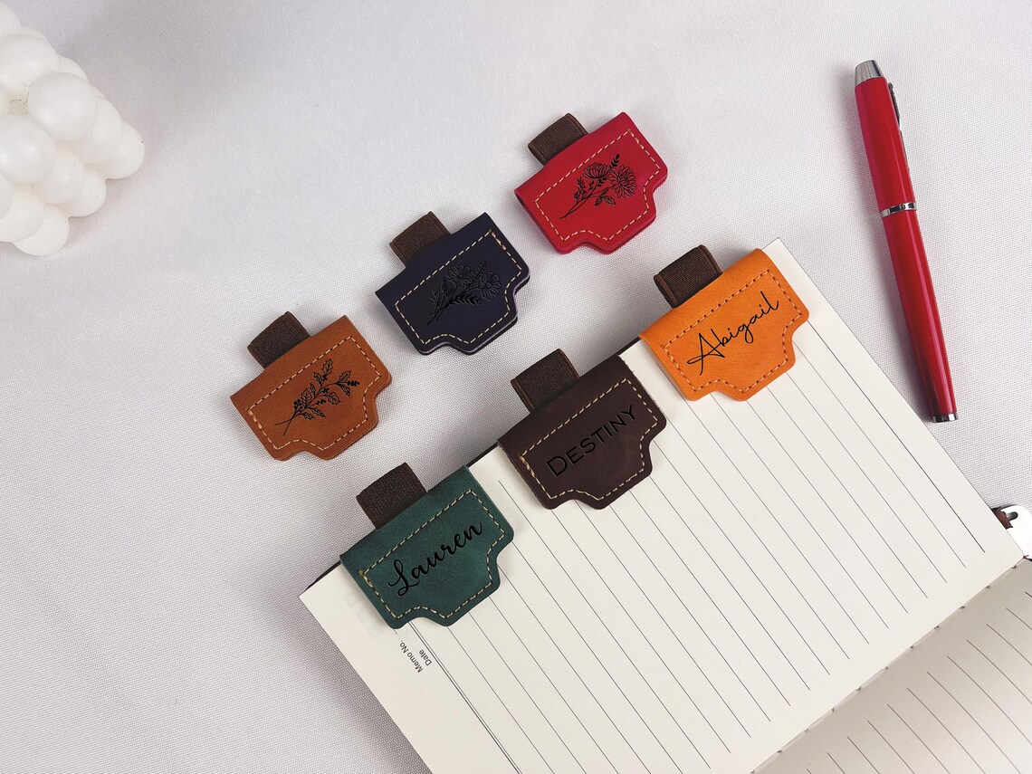 Personalized Leather Magnetic Bookmark With Pen Clip: Custom Birth ...