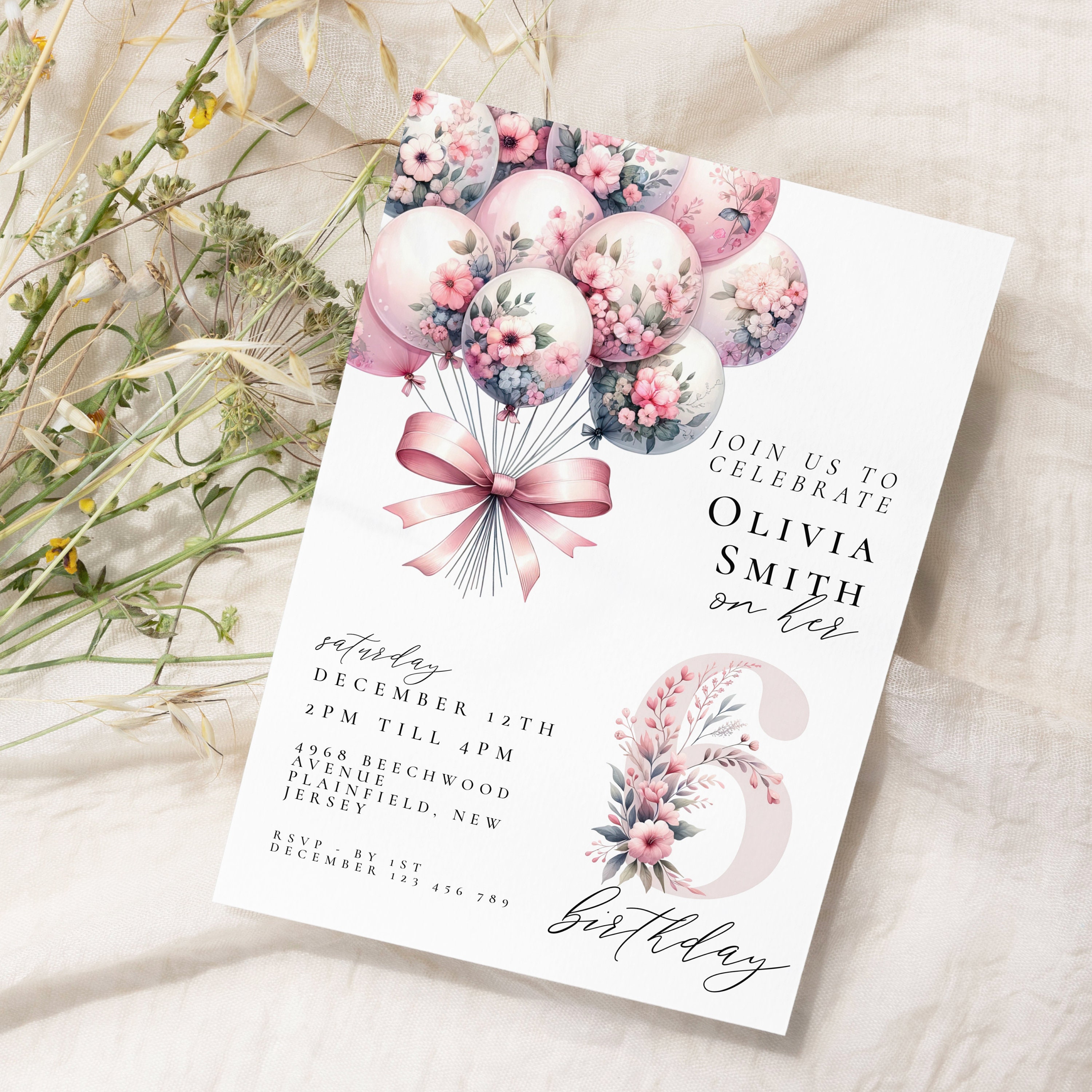 Editable Whimsical 6th Birthday Invitation Pink Balloons Printable Six ...