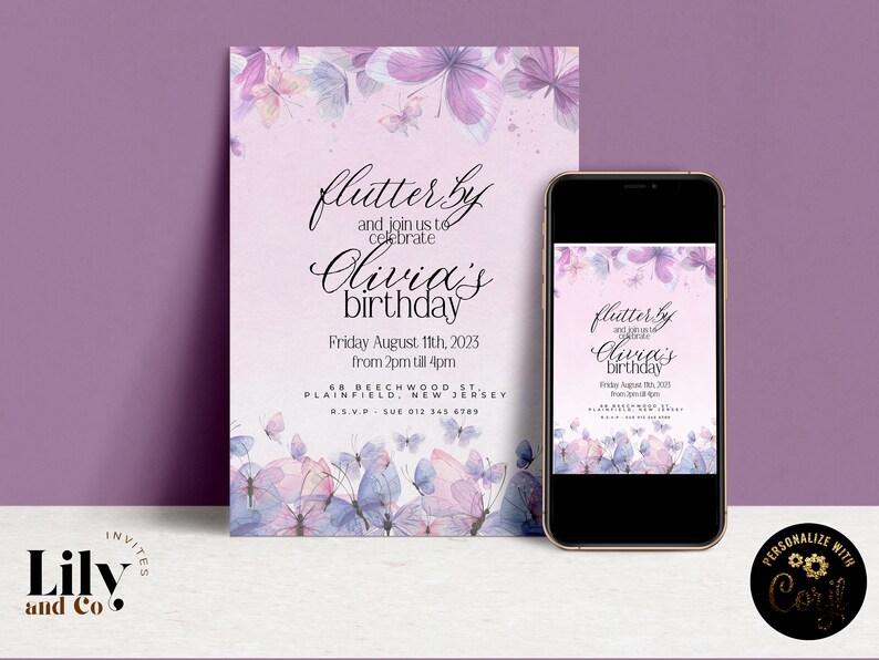 Butterfly Birthday Invitation for Her Pink Flutter on by Birthday ...