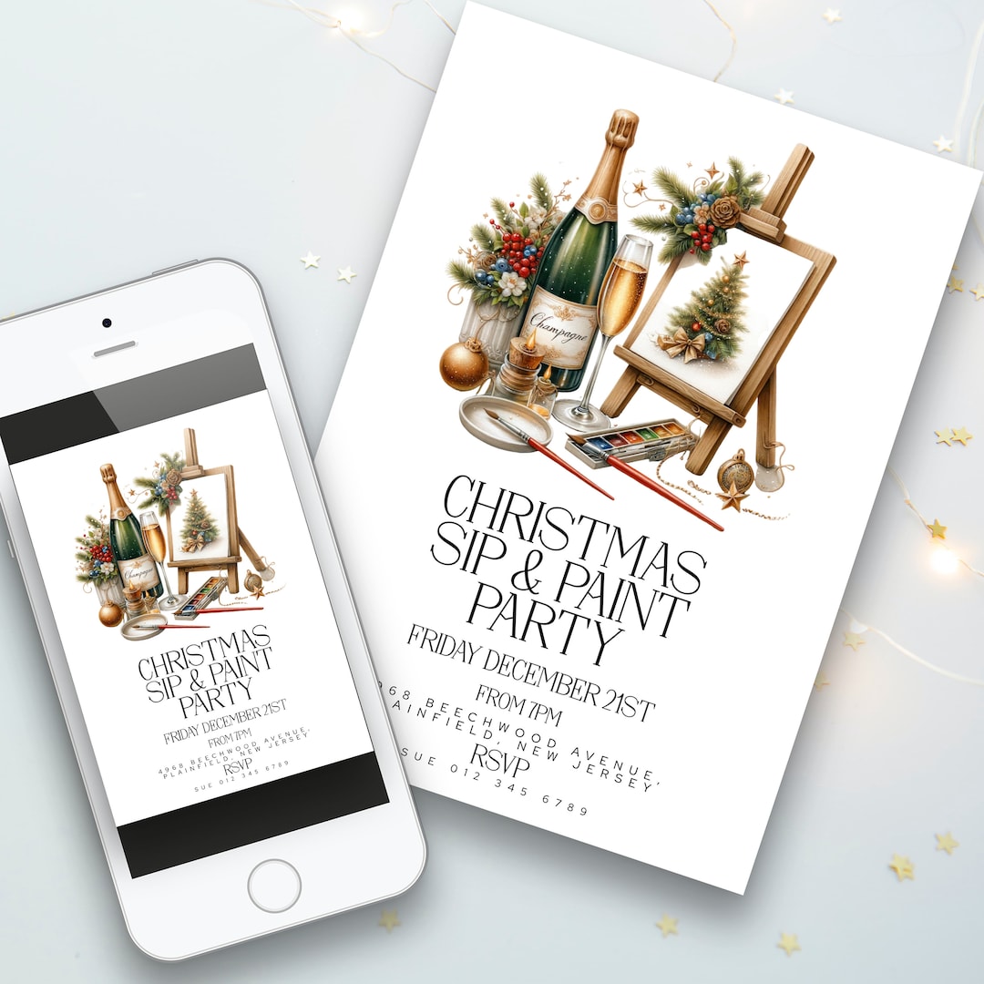 Christmas Sip and Paint Invitation Paint and Pour Editable Template ...